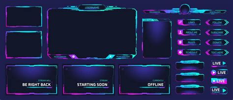 게임 스트림 프레임 게임 스트림 Hud 프레임 트위치 스트리밍 미디어 게이머 브로드캐스트 웹캠 디지털 상자 비디오 화면 화려한 벡터 그림의 라이브 회의를 위한 글로우 테마