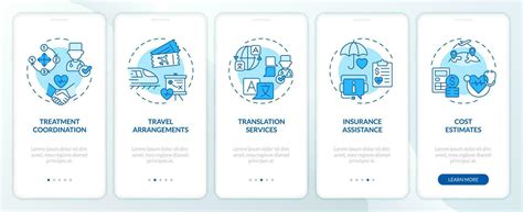 2d Icons Representing Medical Tourism Mobile App Screen Set Walkthrough 5 Steps Blue Graphic