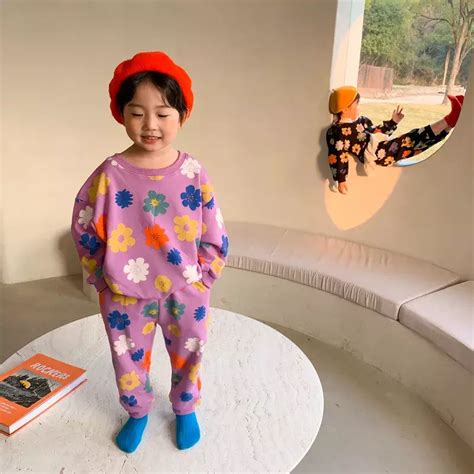 꽃무늬 긴 소매 후드 및 바지 형제 자매 세트 한국 여아 소년 세트 어린이 패션 의류 어린이 의류