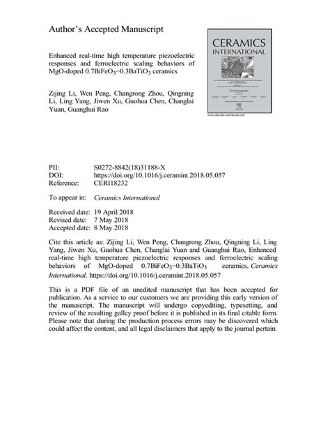 2018 Enhanced Real Time High Temperature Piezoelectric Responses And Ferroelectric Scaling