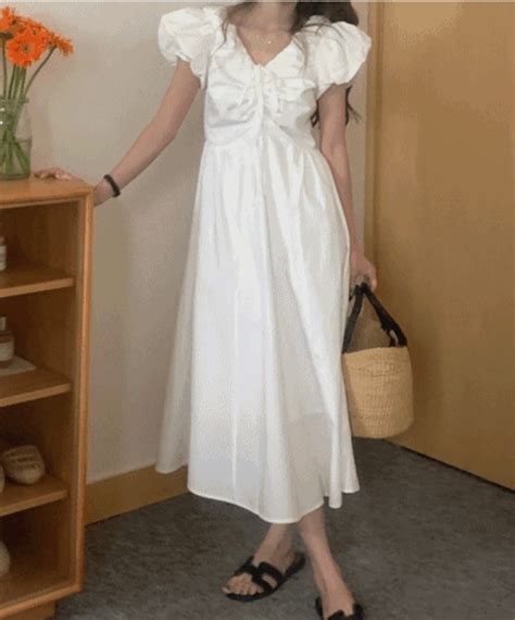 공주님무드 셔링 아방 퍼프 리본 브이넥 플레어 롱원피스 3color