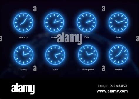 Neon And Digital World Timezone Clocks Rotating Animation With Different Time Out Focusing The