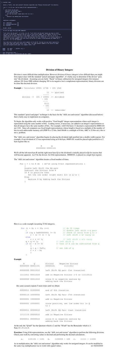 Solved Write A Shift Test And Restore Division Algorithm Chegg