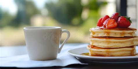 Honey Maple Syrup Over Stack Of Strawberry Fruit Pancake Hot Cakes Mug