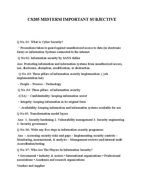 Cs Midterm Subjective CS MIDTERM IMPORTANT SUBJECTIVE Q No What Is Cyber Security