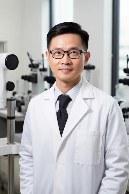 Premium Photo A Man In A Lab Coat Stands In Front Of A Microscope