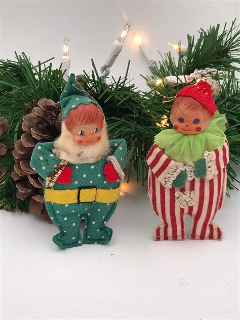 Vintage Pixie Elf Ornaments Christmas Clown Elves With Rubber Faces And Red Cheeks Stuffed