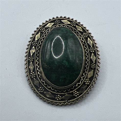 Vintage Israel Sterling Silver Eilat Stone Pendant Pin Green Filigree