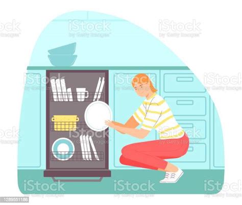 젊은 여성은 식기 세척기에서 접시를 꺼냅니다 가사 개념 배너 포스터 엽서에 대한 벡터 일러스트레이션 만화 스타일 식기세척기에 대한 스톡 벡터 아트 및 기타 이미지 Istock