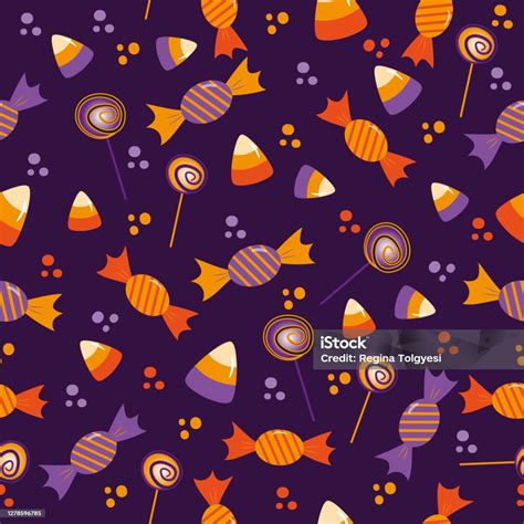 할로윈을위한 사탕 원활한 패턴 보라색 배경에 사탕 옥수수 롤리팝 과자 할로윈에 대한 스톡 벡터 아트 및 기타 이미지 할로윈 사탕 배경 주제 Istock