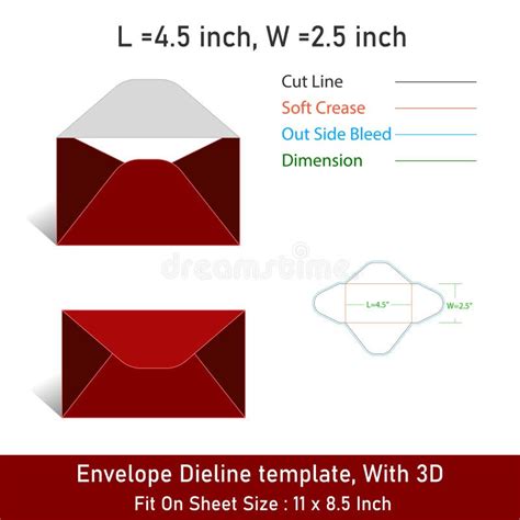 envelope die line template with 3d size 4 5x2 stock vector