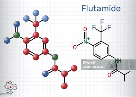 플루타미드 분자 국소 밀폐 단계 B2c 및 D2 전이성 전립선 암종에 사용되는 항 안드로겐입니다 구조식 분자 모델 새장에 종이 한 장 Polycystic Ovary