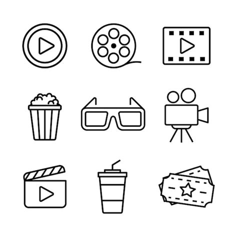 영화 아이콘 영화 세트 선형 아이콘 프리미엄 벡터