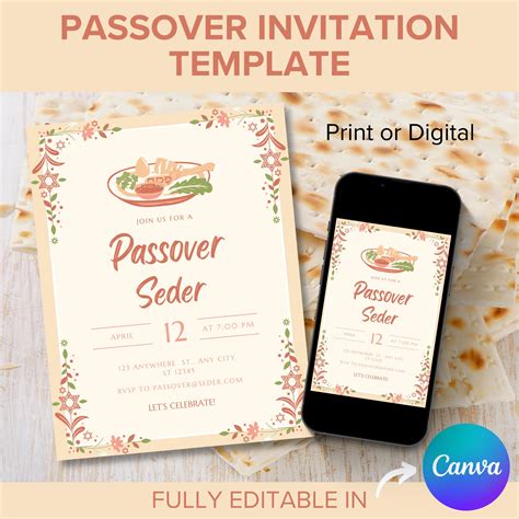 Editable Canva Passover Invitation And Flyer Printable Seder Dinner