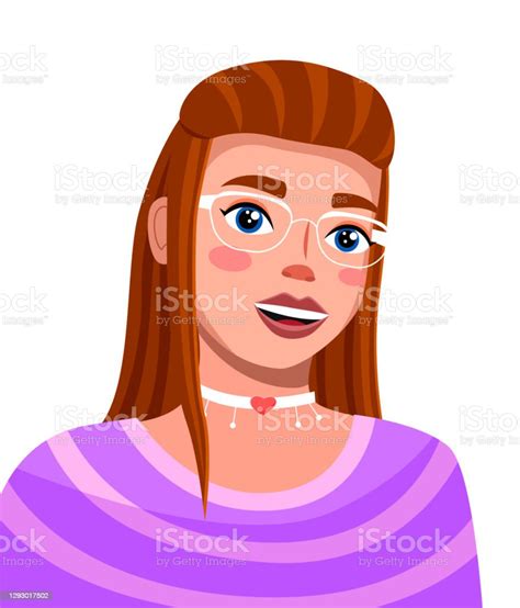 젊은 갈색 머리 웃는 소녀 안경 밝은 메이크업과 그녀의 목 아바타 초상화에 초커 가공의 인물에 대한 스톡 벡터 아트 및 기타 이미지 가공의 인물 갈색 머리 개인