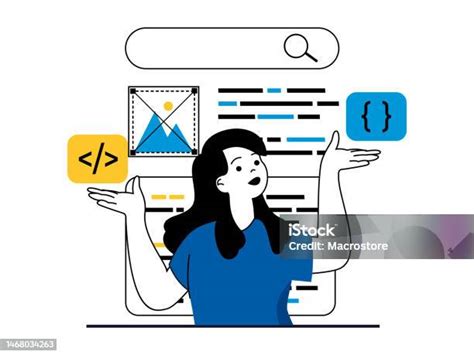 캐릭터 상황이 있는 웹 개발 개념 코드로 작업하는 여성은 사이트 템플릿 테스트 및 설정을 만들고 콘텐츠를 구성합니다 웹용 평면 디자인의 사람 장면이 있는 벡터 그림 개념에