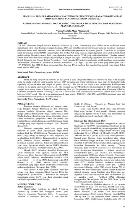 Pdf Pemilihan Primer Rapd Random Amplified Polymorphic Dna Pada Pcr Polymerase Chain