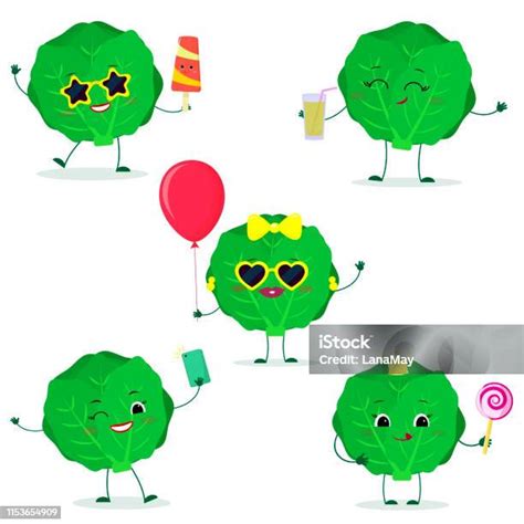 만화 스타일의 5 개의 귀여운 양배추 채소 세트 아이스크림 풍선 사탕을 가진 안경 주스와 함께 셀 카 전화 평면 벡터 일러스트 레이 션 감정에 대한 스톡 벡터 아트 및 기타