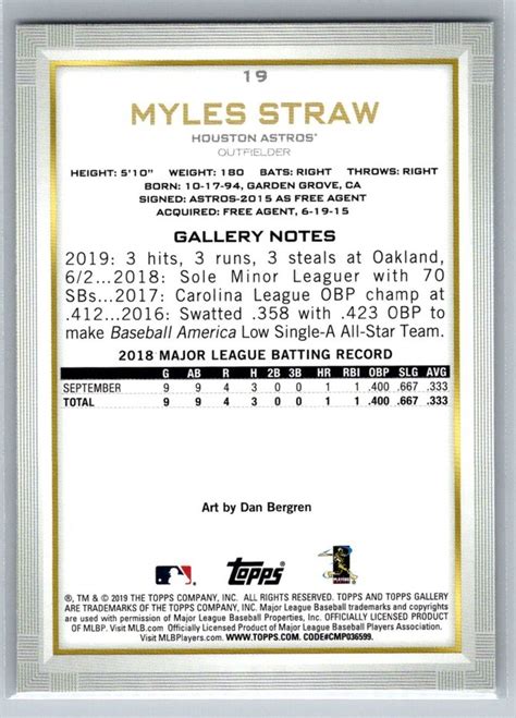 2019 Topps Gallery Rc Rookie 19 Myles Straw Houston Astros Baseball