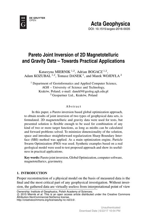 Pdf Pareto Joint Inversion Of 2d Magnetotelluric And Gravity Data