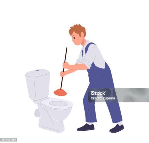 배관공 노동자 만화 캐릭터 유니폼 청소 화장실 화장실 막힘 장비로 건설 산업에 대한 스톡 벡터 아트 및 기타 이미지 건설