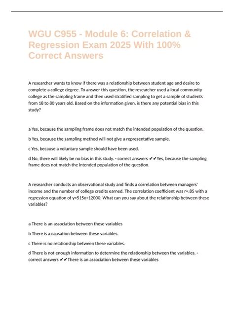 Wgu C955 Module 6 Correlation And Regression Exam 2025 With 100 Correct Answers Wgu C955