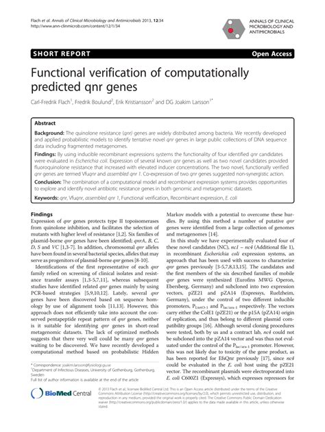 Pdf Functional Verification Of Computationally Predicted Qnr Genes