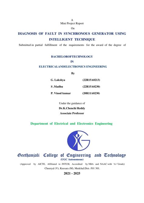 pdf a mini project report diagnosis of fault in synchronous generator