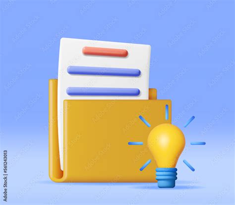 3d Business Folder Full Of Papers And Idea Bulb Isolated Render Yellow