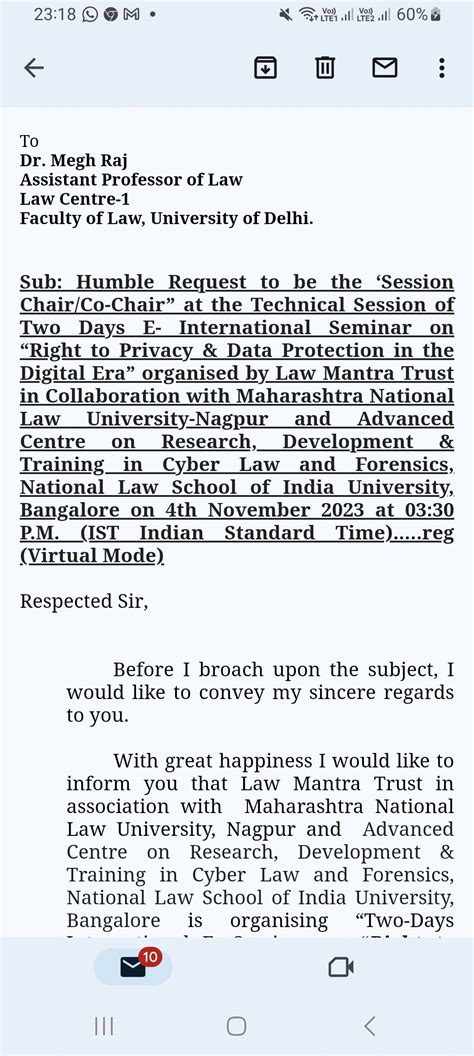 Got Invitation To Chair The Technical Session Of International Seminar On Right To Privacy And