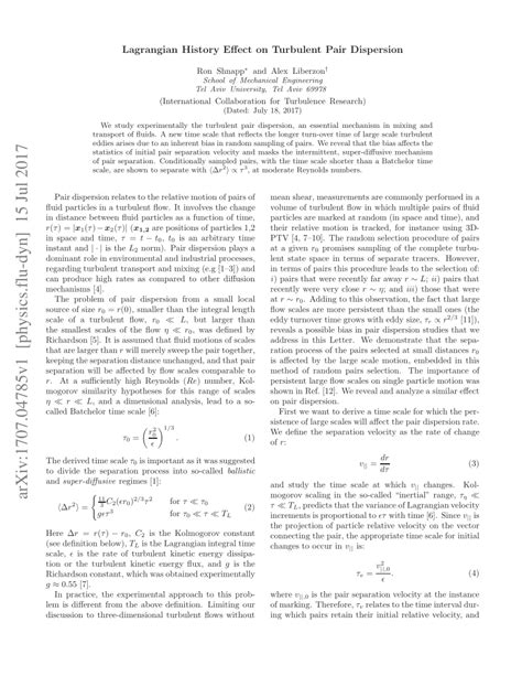 Pdf Lagrangian History Effect On Turbulent Pair Dispersion