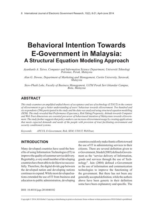 Pdf Behavioral Intention Towards E Government In Malaysia A Structural Equation Modeling Approach