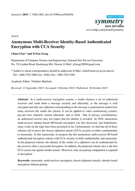 Pdf Anonymous Multi Receiver Identity Based Authenticated Encryption With Cca Security