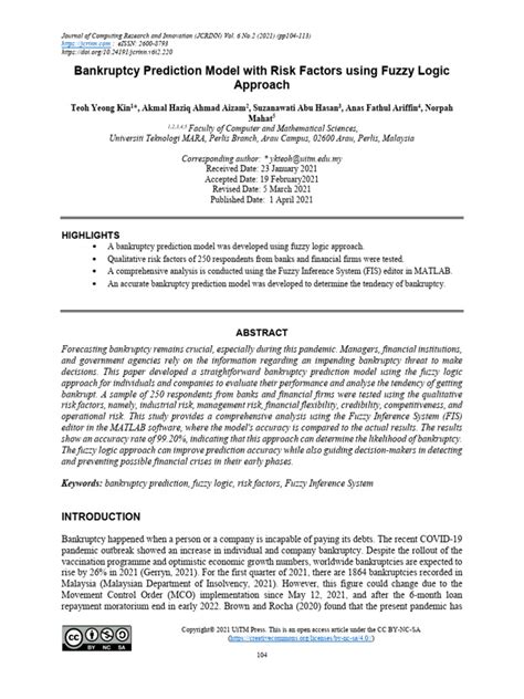 Bankruptcy Prediction Model With Risk Factors Using Fuzzy Logic Approach Pdf Fuzzy Logic