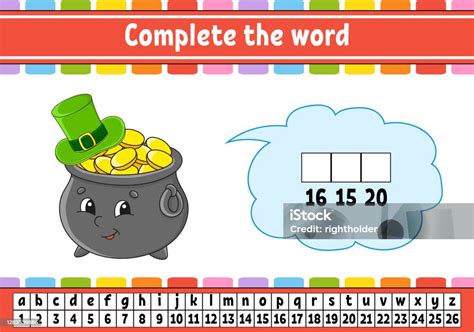 단어를 완성합니다 암호 코드입니다 어휘와 숫자를 학습 모자에 금냄비 교육 워크 시트 영어 공부를 위한 활동 페이지 격리된 벡터 그림입니다 만화 캐릭터 가로세로 낱말퍼즐에