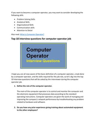 Top 10 Interview Questions For Computer Operator Job Docx