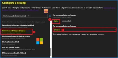 Enable Disable Performance Detector In Edge Browser Using M365 Admin Center Policy Device