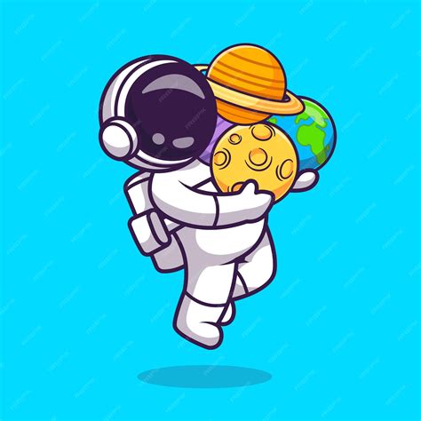 귀여운 우주 비행사는 행성과 달 만화 벡터 아이콘 그림을 가져옵니다 과학 기술 절연 프리미엄 벡터