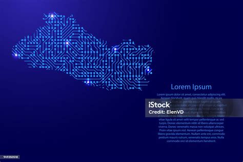 배너 포스터 인사장 벡터 일러스트 레이 션의 윤곽선에 블루 스타 공간 인쇄 된 보드 칩 및 라디오 구성 요소에서 살바도르를 매핑하십시오 0명에 대한 스톡 벡터 아트 및 기타