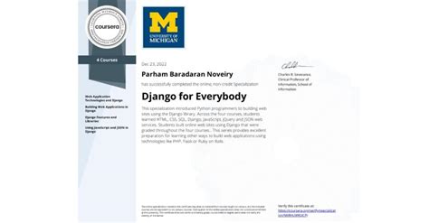 Parham B On Linkedin Completion Certificate For Django For Everybody
