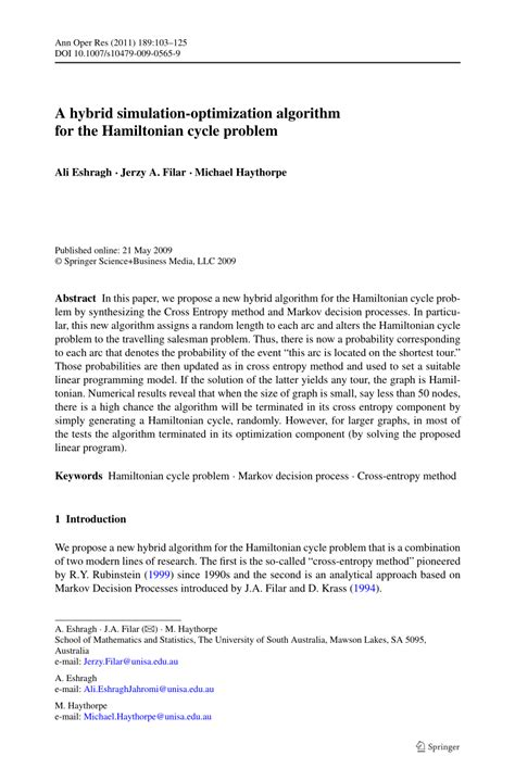 Pdf A Hybrid Simulation Optimization Algorithm For The Hamiltonian Cycle Problem