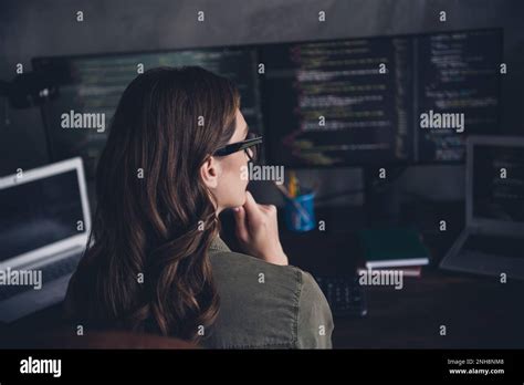 photo of serious thoughtful lady hacker wear eyeglasses writing app