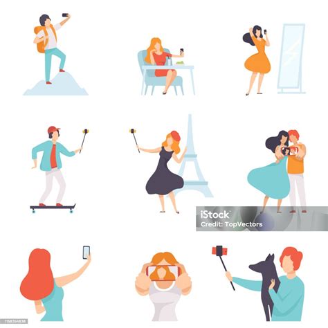 스마트 폰 세트에 셀카 사진을 찍는 사람들 젊은 여성과 남성은 현대 가젯 벡터 일러스트를 사용하여 소셜 미디어에 대한 사진이나