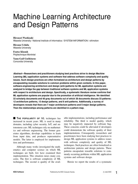 Ieee Software 19 Ml Patterns Pdf Machine Learning Software Design