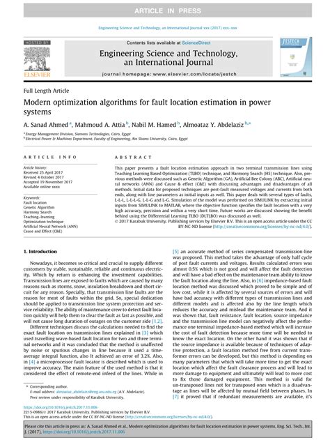 Pdf Modern Optimization Algorithms For Fault Location Estimation In Power Systems
