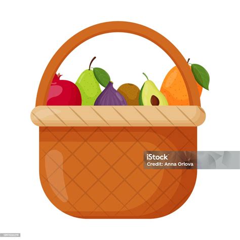 피크닉 바구니 신선한 과일을 곁들인 고리 버들 백켓 석류 배 무화과 키위 아보카도 망고 플랫 벡터 일러스트 레이 션 과일에 대한 스톡 벡터 아트 및 기타 이미지 Istock