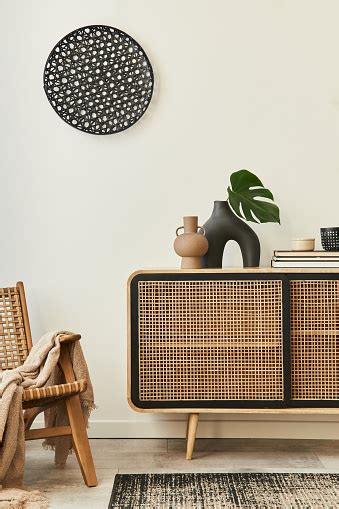 나무 콤 모드 디자인 안락 의자 카펫 꽃병잎과 독특한 가정 장식의 개인 액세서리와 현대적인 아파트의 세련된 스칸디나비아 거실 인테리어 템플릿 거실에 대한 스톡 사진 및 기타