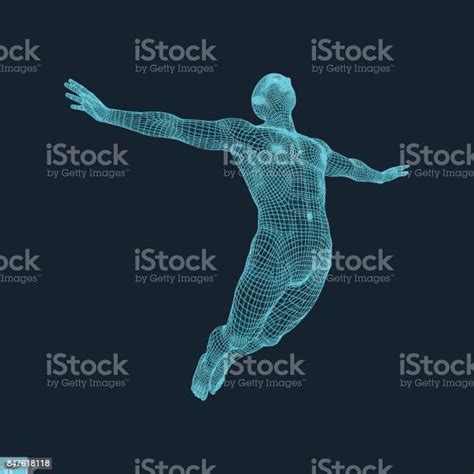 남자 기하학적 디자인의 점프 맨 3d 모델의 실루엣 다각형 덮 음 피부입니다 인체 와이어 모델입니다 벡터 일러스트입니다 와이어 프레임 모델에 대한 스톡 벡터 아트 및 기타