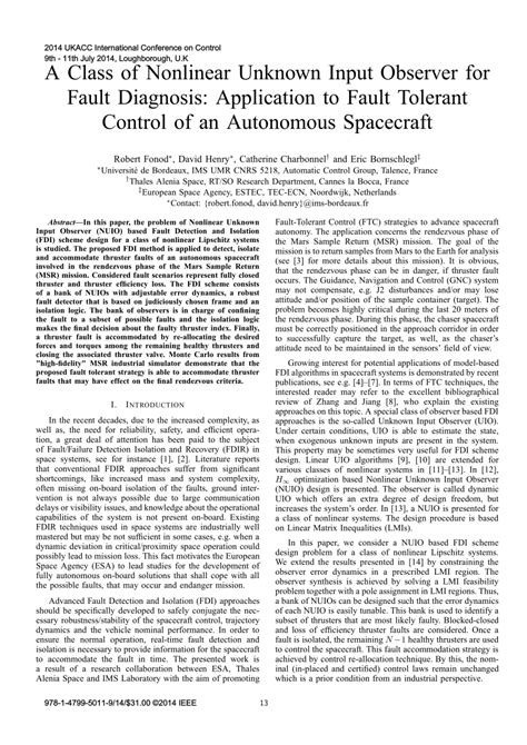 Pdf A Class Of Nonlinear Unknown Input Observer For Fault Diagnosis Application To Fault