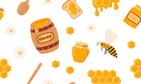 꿀 완벽 한 패턴입니다 양봉장 수집 배경 꿀 항아리 국자 배럴 꿀벌 꽃 벌집 꿀 방울 흰색 배경에 고립 된 벡터 일러스트 레이 션 0명에 대한 스톡 벡터 아트 및 기타